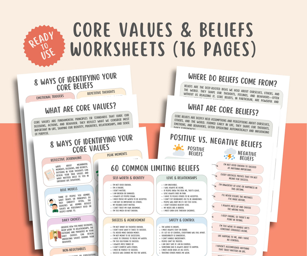 Core Values and Beliefs Worksheets (16 Pages) – MindSpace