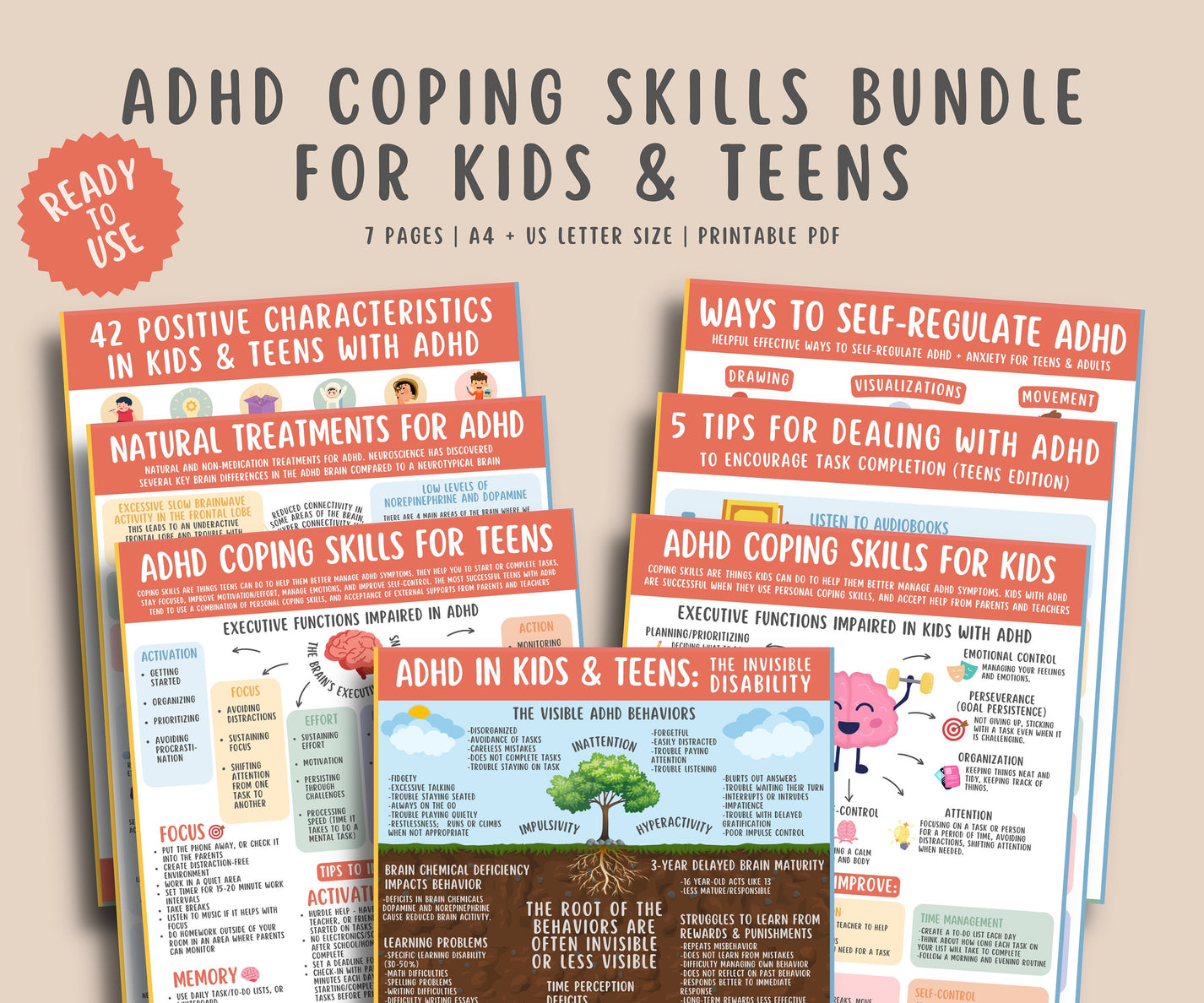 ADHD Coping Skills Bundle for Kids Teens (7 Pages) – MindSpacePrintables