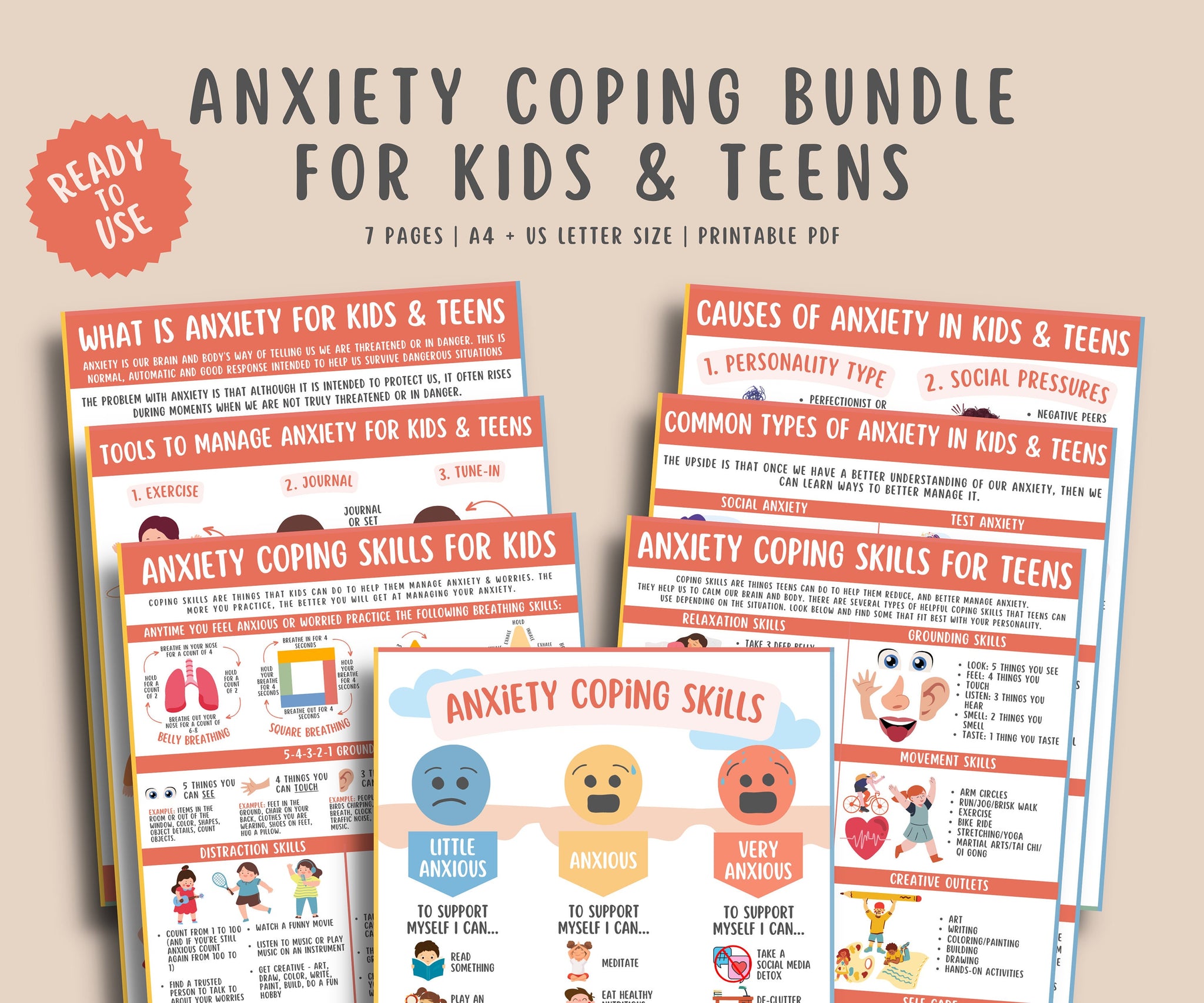 Anxiety Coping Skills Bundle For Kids Teens (7 Pages) – MindSpace