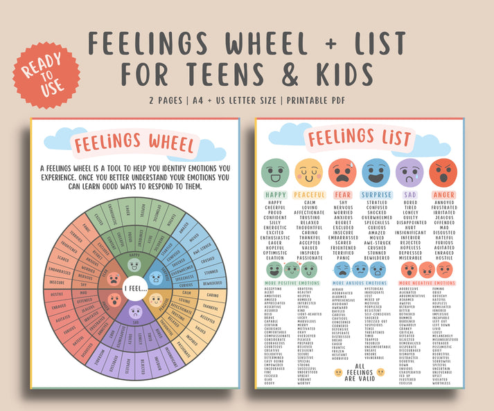 Feelings Wheel + Feelings List Handout for Teens & Kids – MindSpace